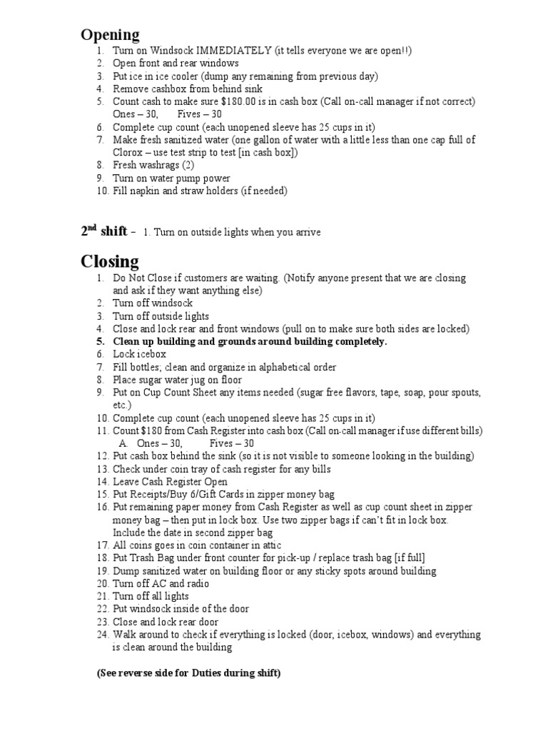 Open-Close Checklist-Duties | PDF