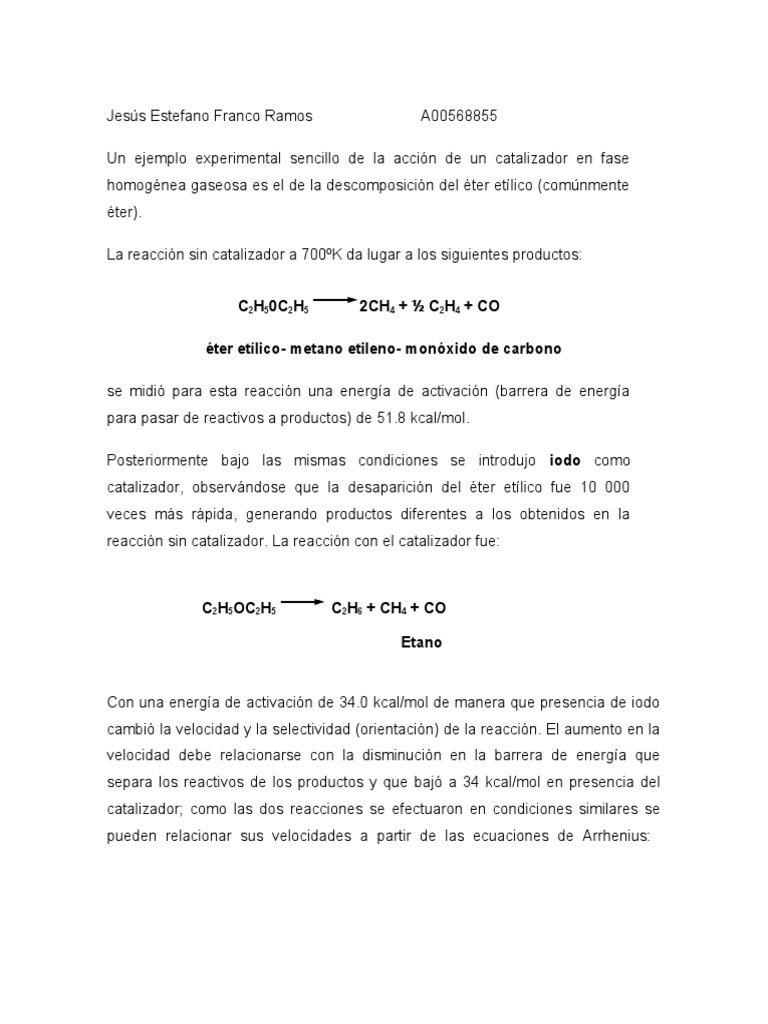 Ejemplo de Catalisis | PDF | Catálisis | Reacciones químicas
