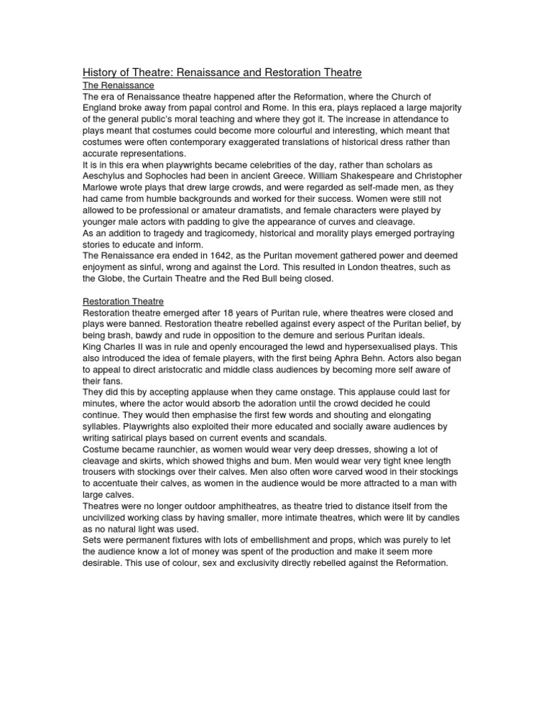 Renaissance and Restoration Theatre | PDF | Restoration Comedy | Theatre