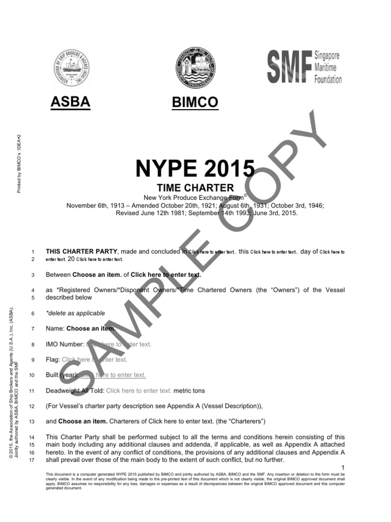 Sample Copy NYPE 2015 | PDF | Fuel Oil | Water Transport