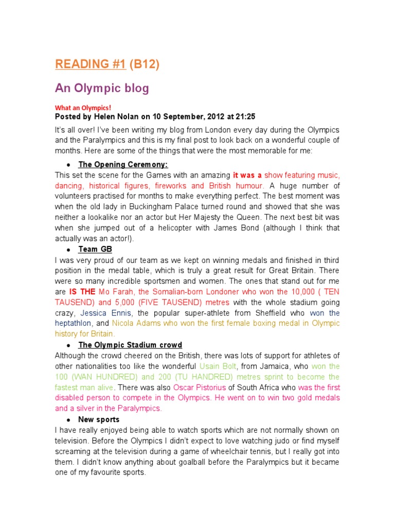 An Olympic Blog: READING #1 (B12) | PDF | Paralympic Games | Multi ...