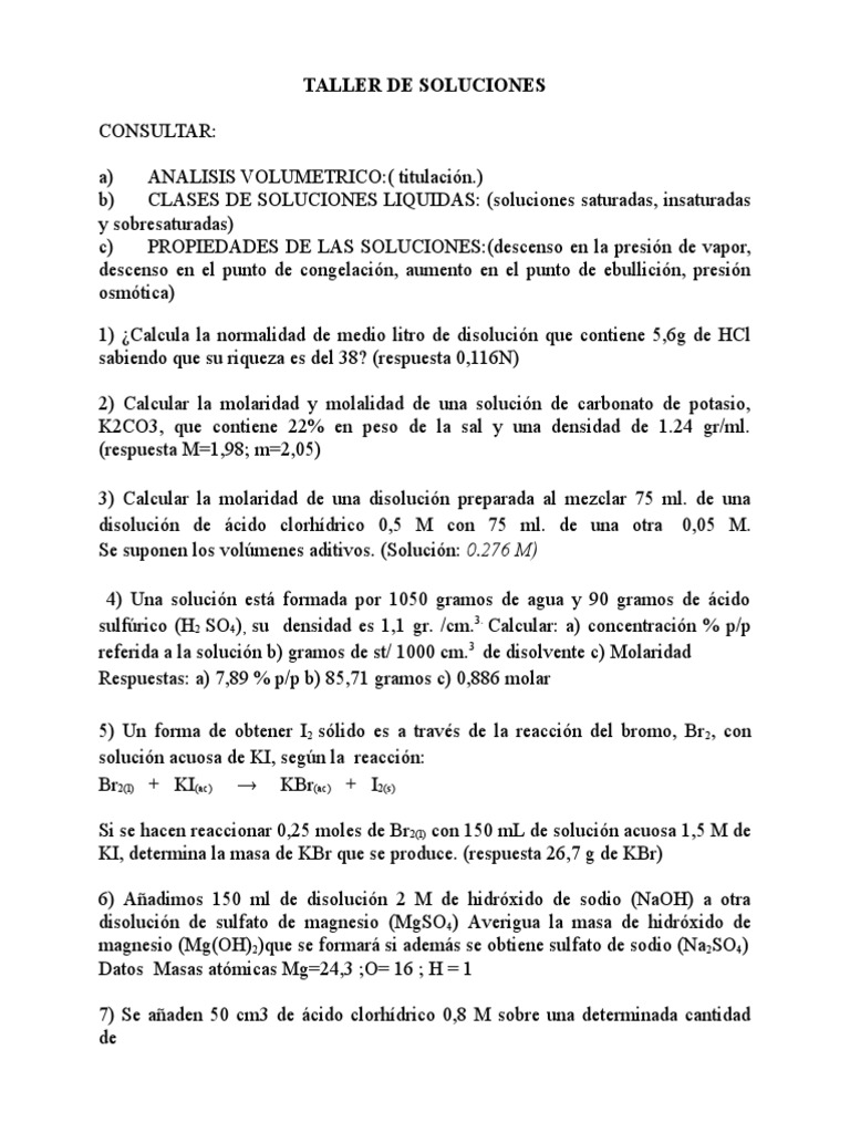 Taller de Soluciones 2017-1-1 | PDF | Concentración | Ácido clorhídrico