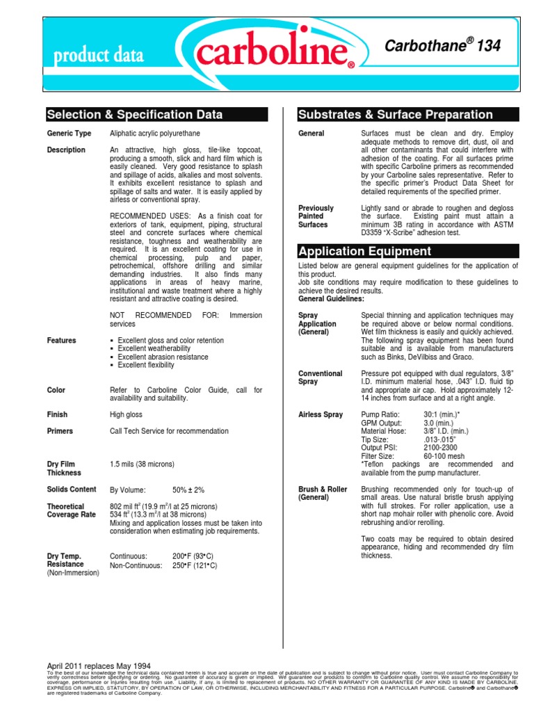 Carbothane-134 PDS April2011 | PDF | Paint | Industrial Processes
