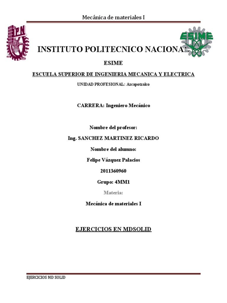 Mecánica de materiales I: Ejercicios resueltos utilizando el software MDSolids | PDF | Software ...