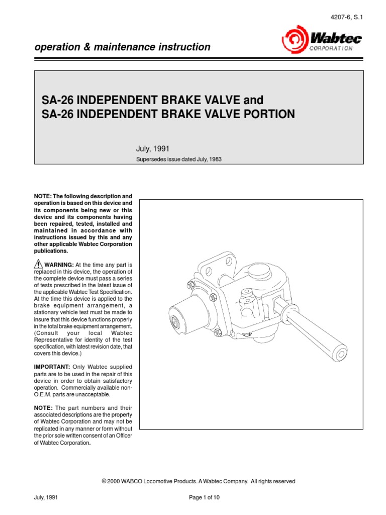 Sa-26 Independent Brake Valve and Sa-26 Independent Brake Valve Portion ...