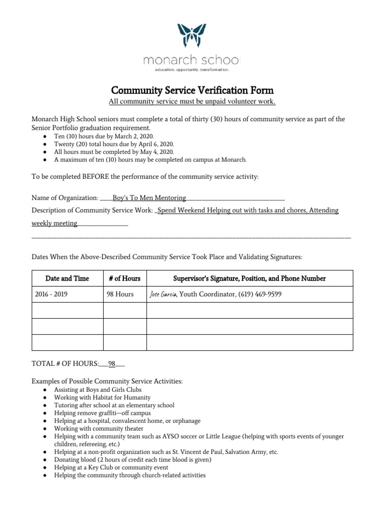 Community Service Verification Form: All Community Service Must Be ...