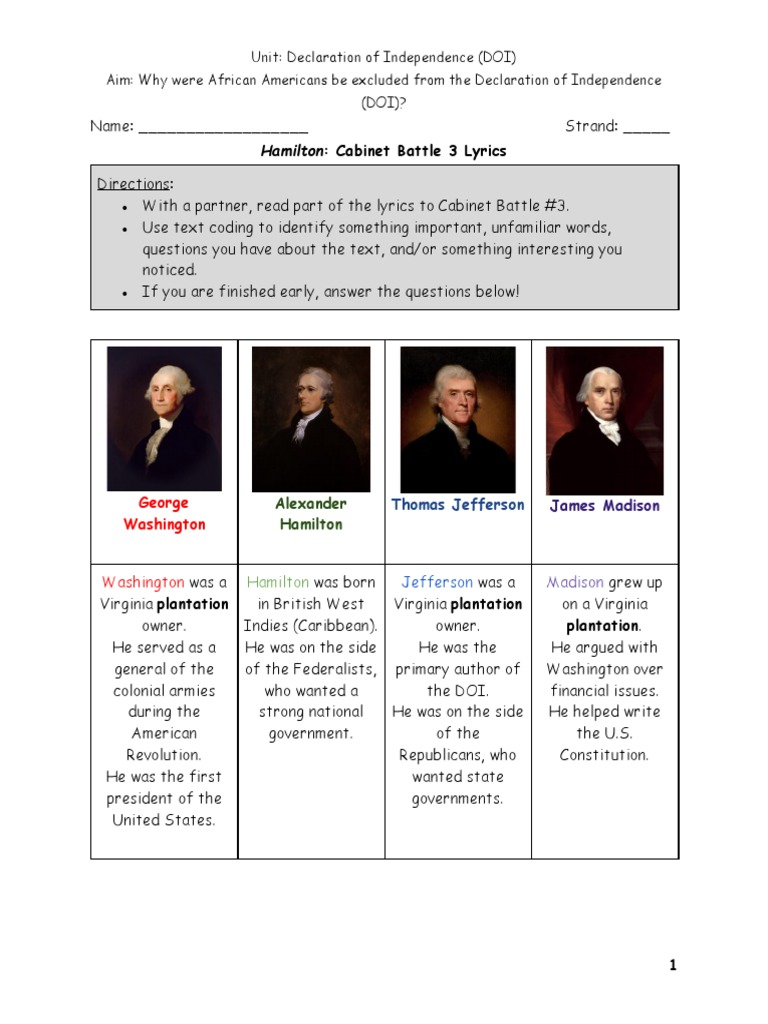 Hamilton Lesson Handouts | PDF | Thomas Jefferson | Alexander Hamilton