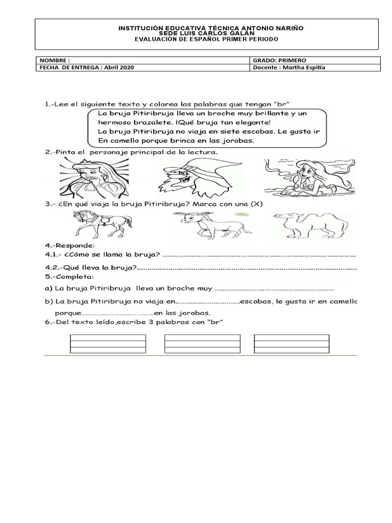 Evaluaciòn de Español Grado Primero Martha | PDF