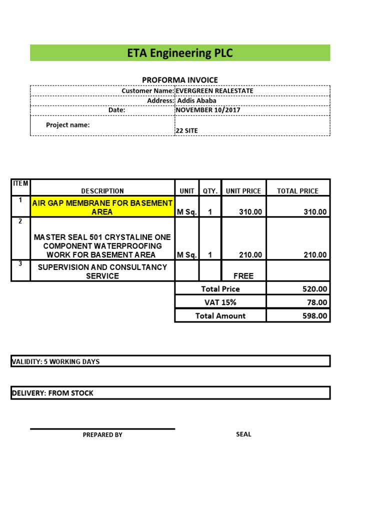 ETA Engineering PLC: Proforma Invoice | PDF