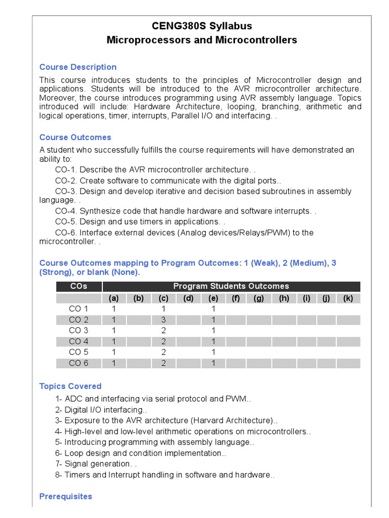 CENG380S Syllabus Microprocessors and Microcontrollers: Course ...