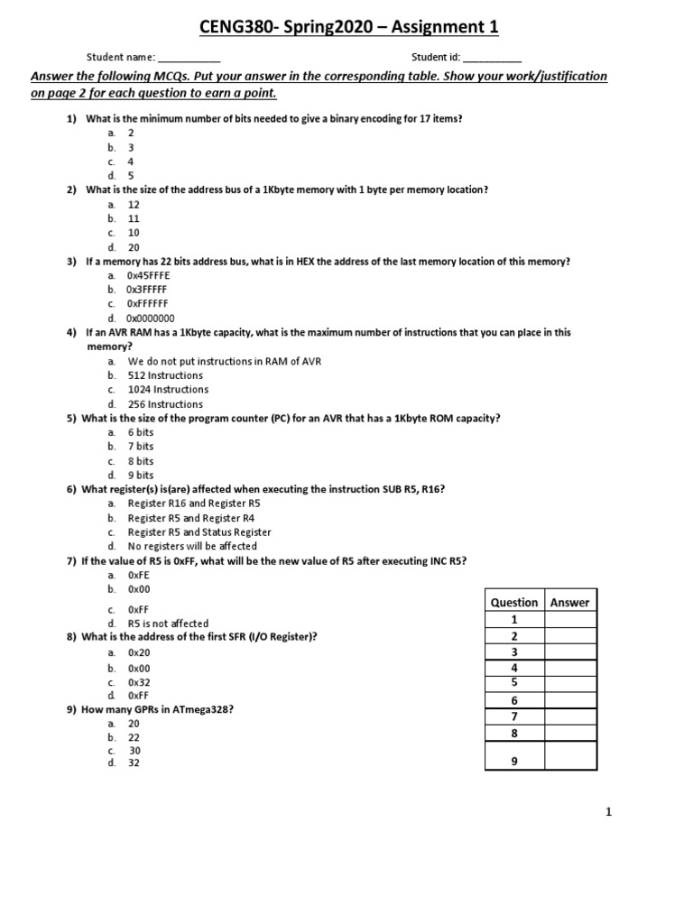 Answer The Following Mcqs. Put Your Answer in The Corresponding Table ...