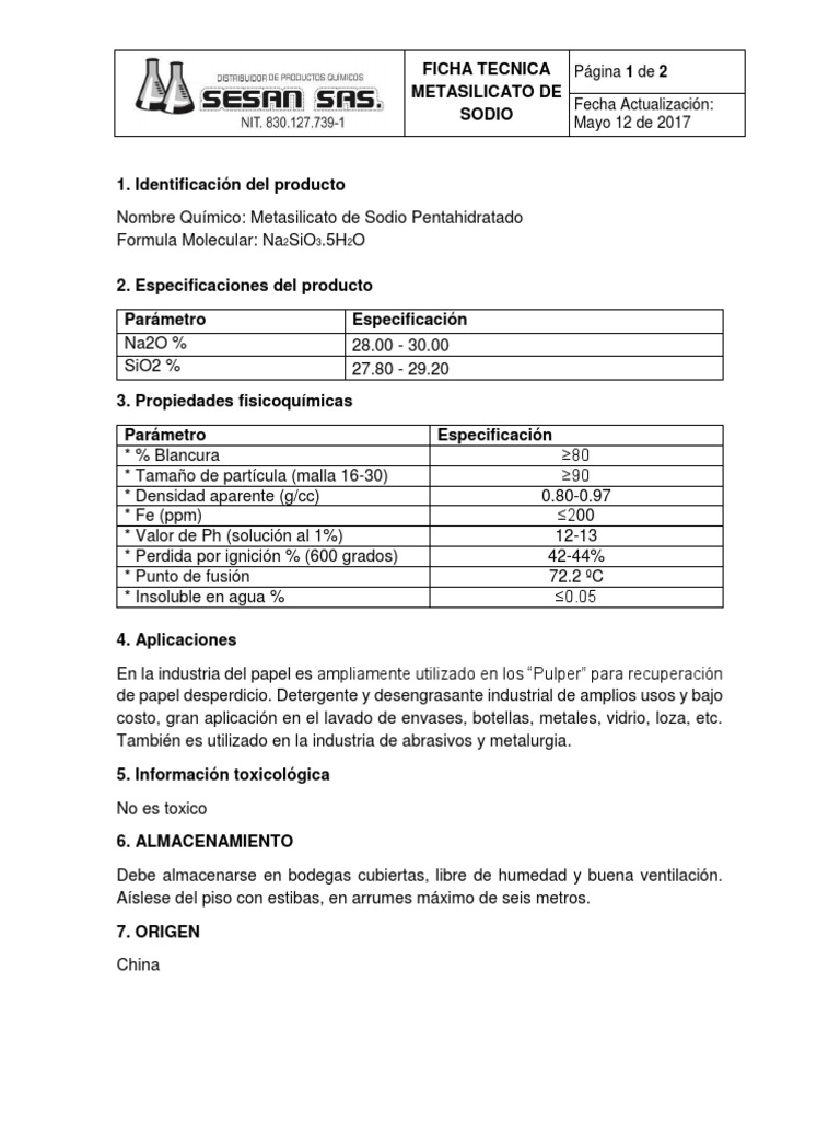 Ficha Técnica Metasilicato de Sodio | PDF | Química | Ciencias fisicas