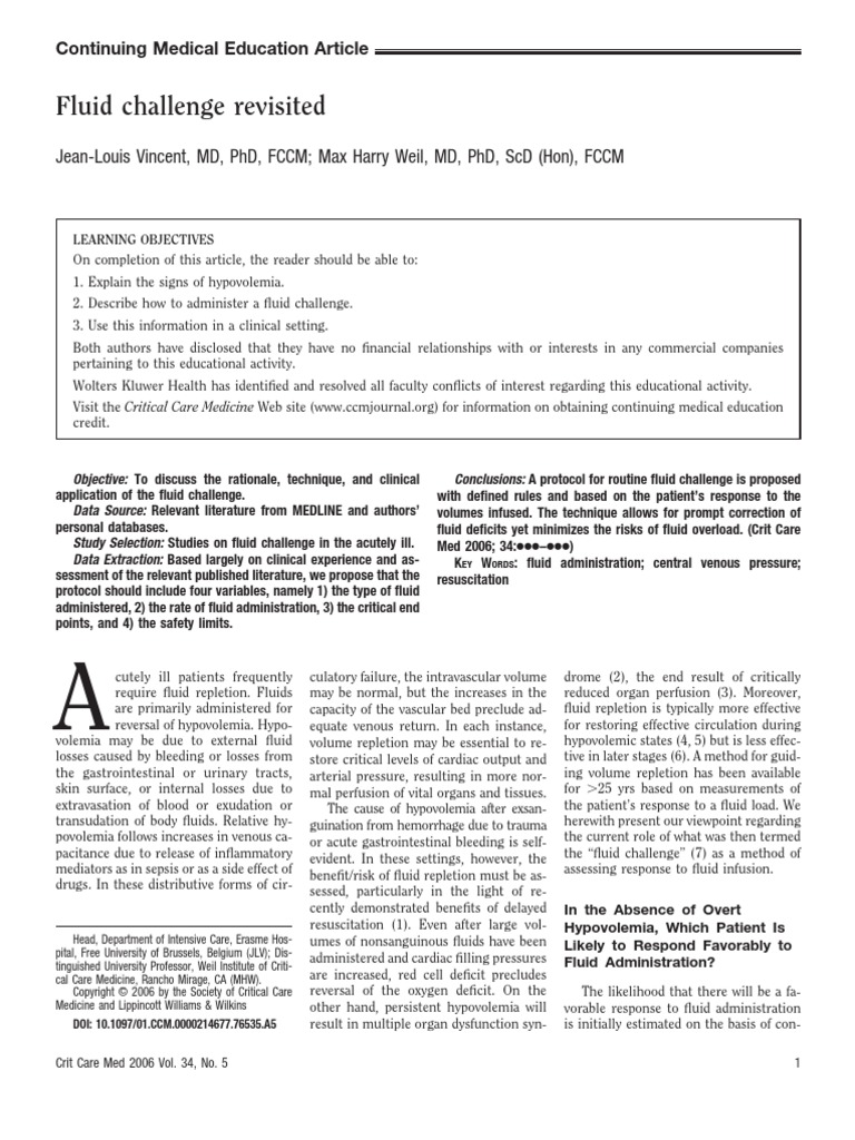 Fluid Challenge Revisited. - 2006 - Vincent, Weil PDF | PDF | Blood ...