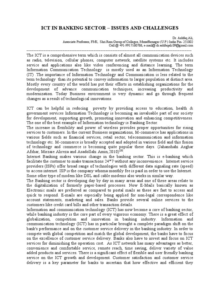 Ict in Banking Sector - Issues and Challenges | PDF | Internet | Banks