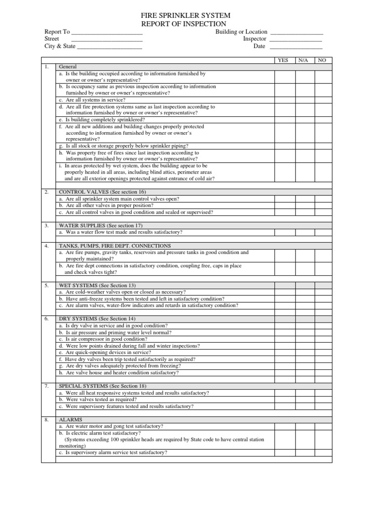 Fire Sprinkler System Testing Form | Fire Sprinkler System | Valve
