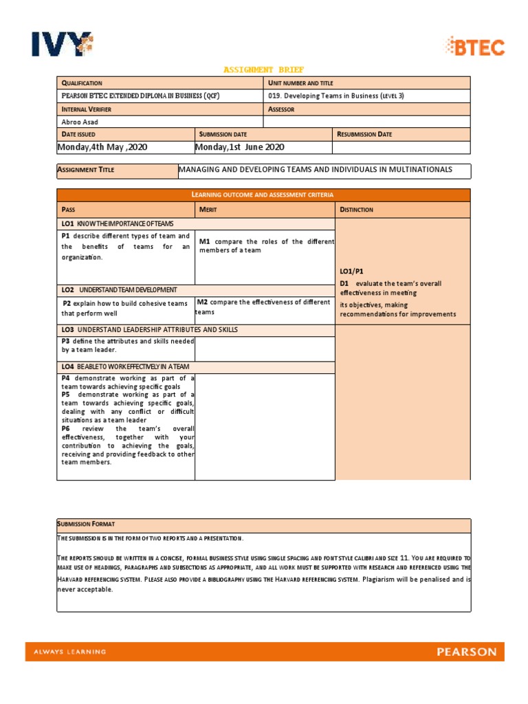Assignment Brief DTB | PDF | Leadership | Goal