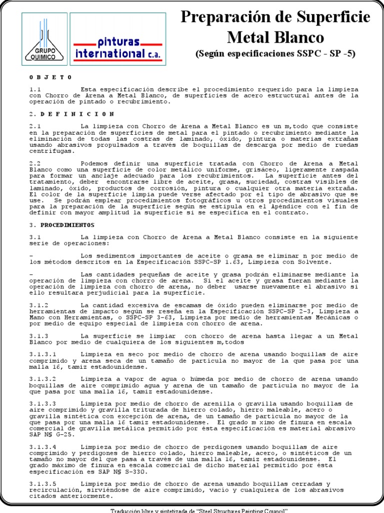 Preparación de Superficie Metal Blanco SSPC-SP-5 PDF | PDF | Pintar | Hierro