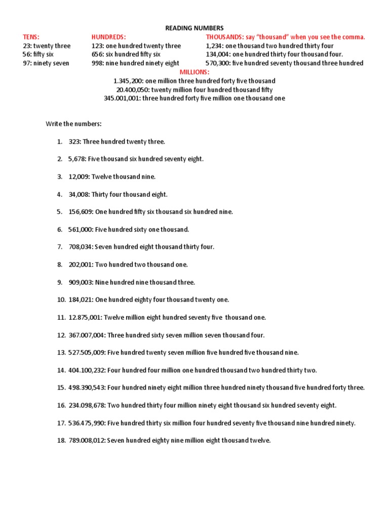 Tens: Hundreds: THOUSANDS: Say "Thousand" When You See The Comma | PDF
