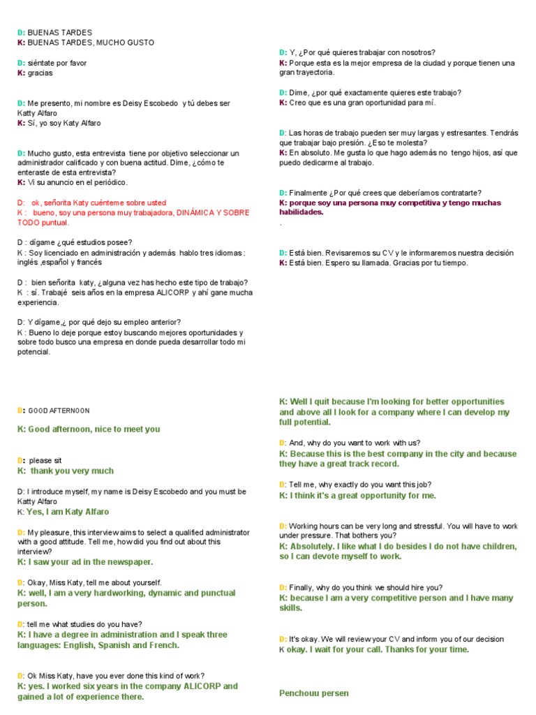 DIALOGO ENTREVISTA DE TRABAJO Ingles 1 | PDF