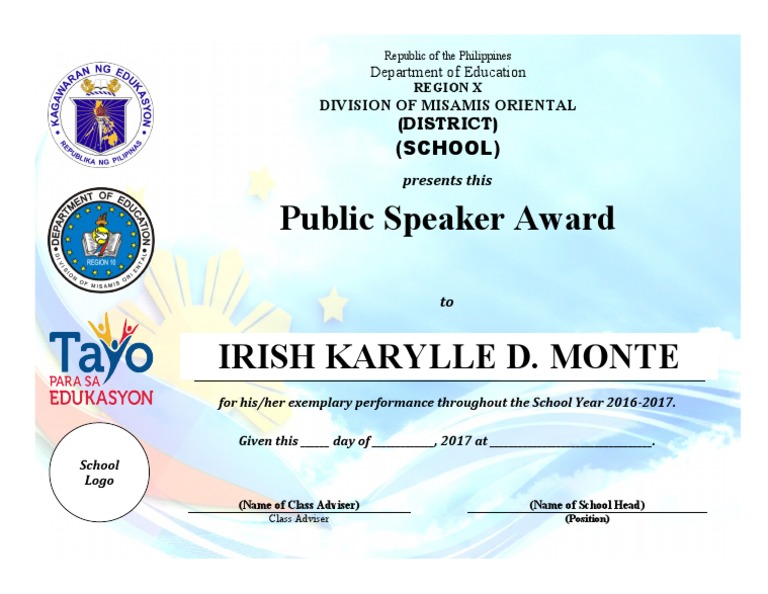 Public Speaker Award: (School) | PDF