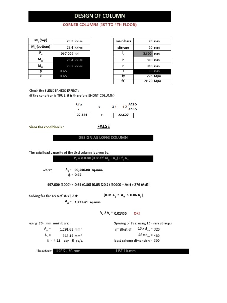 Design of Column: Corner Columns (1St To 4Th Floor) | PDF