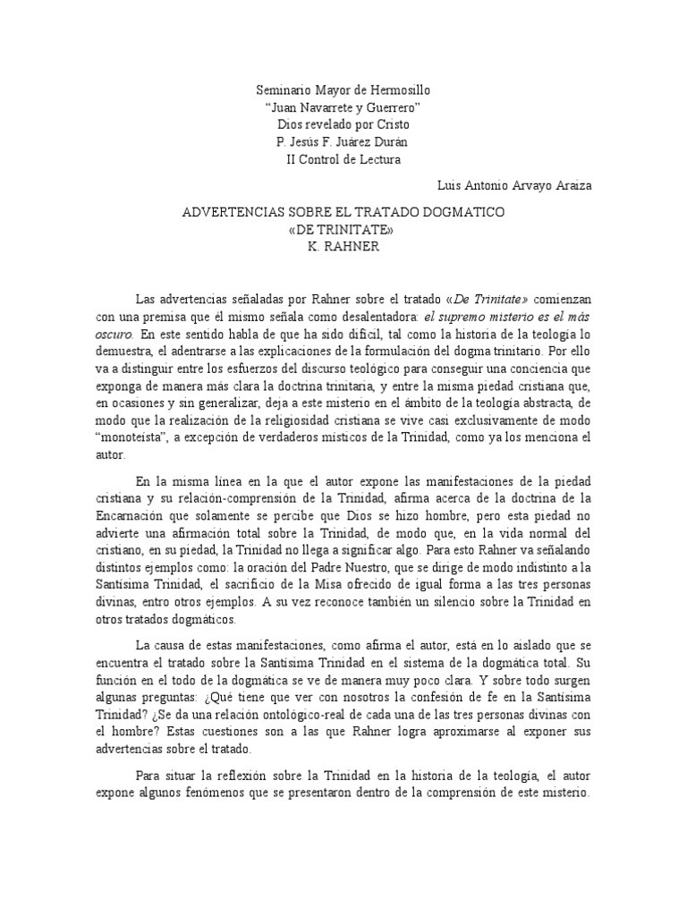 Advertencias Sobre El Tratado Dogmático de Trinitate - K. Rahner - CL | PDF | Trinidad ...