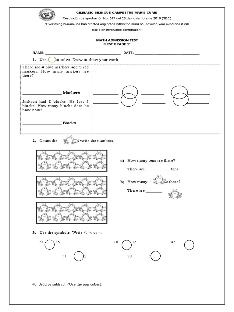Developing Young Minds: A Math Admission Test for First Grade Students ...