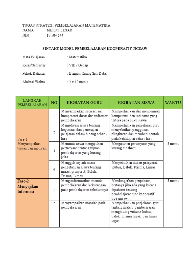 SINTAKS MODEL PEMBELAJARAN KOOPERATIF JIGSAW Jadiiii 2 | PDF