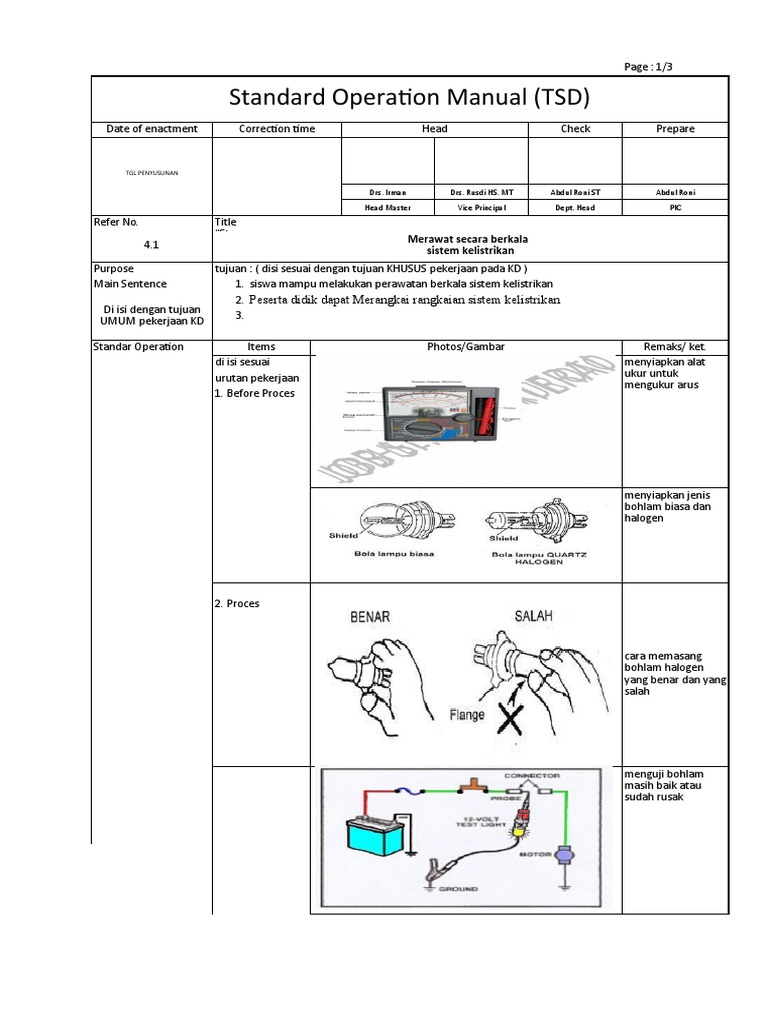Form SOP Kelistrikan Body | PDF