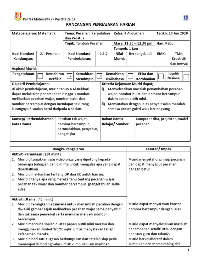ts25 RANCANGAN PENGAJARAN HARIAN | PDF