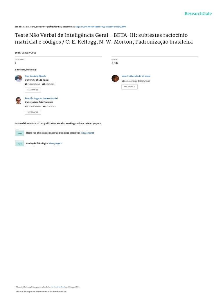 Teste Não Verbal de Inteligência Geral - BETA-III: Subtestes Raciocínio ...
