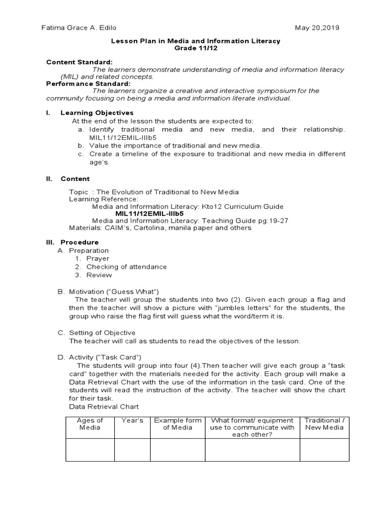 Lesson Plan in Media and Information Literacy Grade 11/12 Content ...