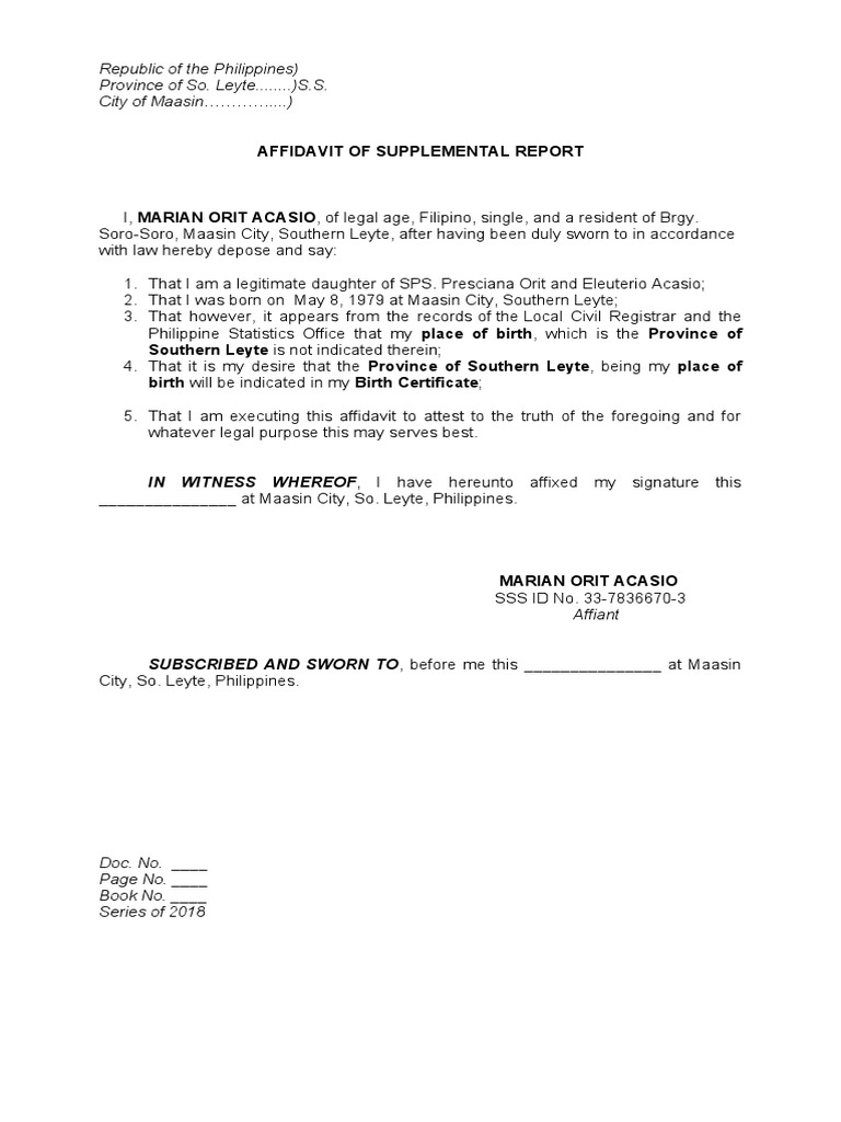 Affidavit of Supplemental Report: Republic of The Philippines) Province ...
