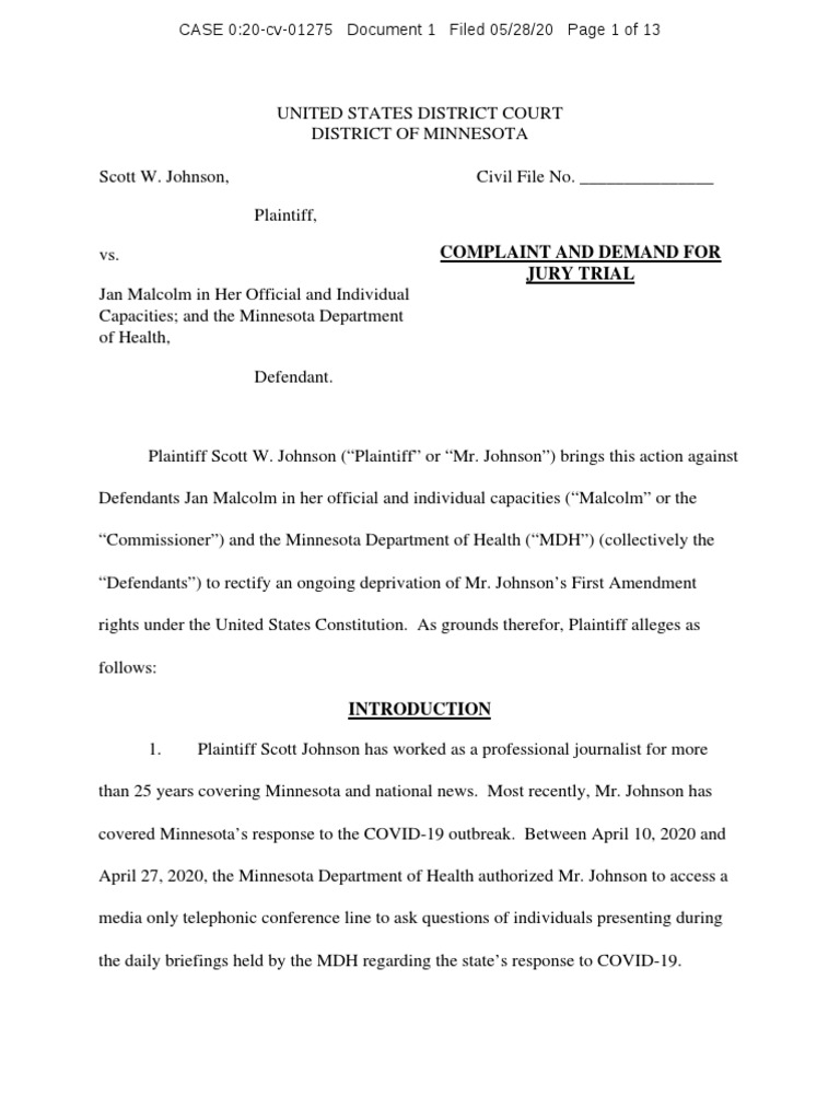 2020-05!28!01 Complaint and Civil Cover Sheet | PDF | Diversity ...