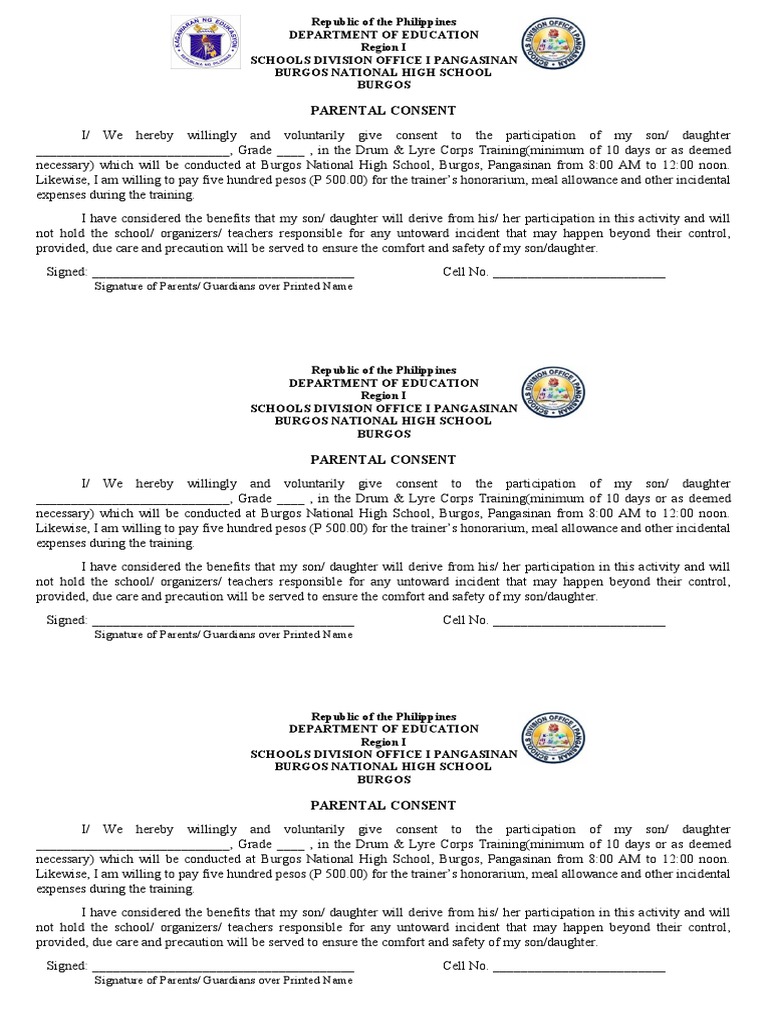Parental Consent: Signature of Parents/ Guardians Over Printed Name ...