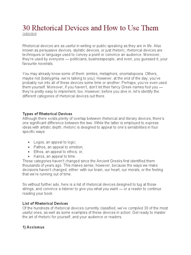 30 Rhetorical Devices and How To Use Them | PDF | Rhetoric | Poetic Devices