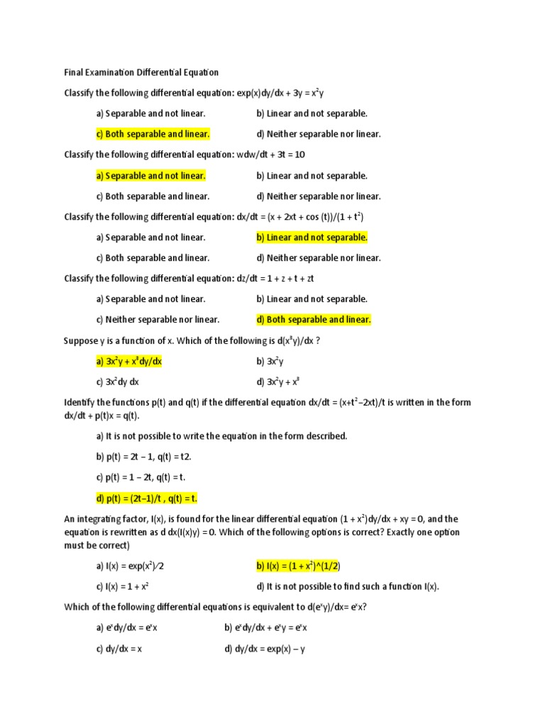 Classification of Differential Equations and Solutions to Separable and ...