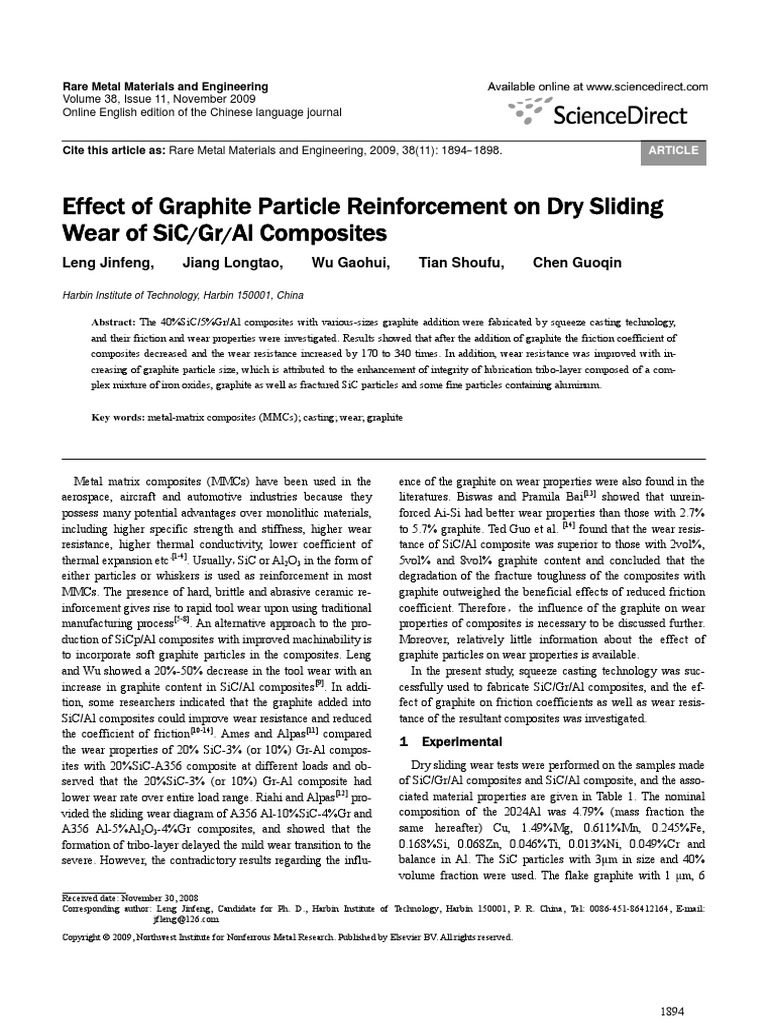 Effect of Graphite Particle Reinforcement On Dry Sliding Wear of Sic GR ...
