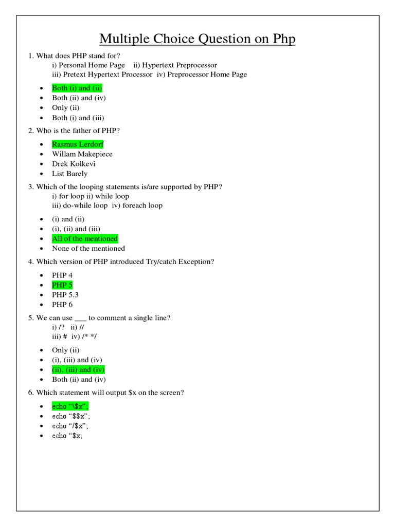 Multiple Choice Question On PHP | PDF | Class (Computer Programming ...
