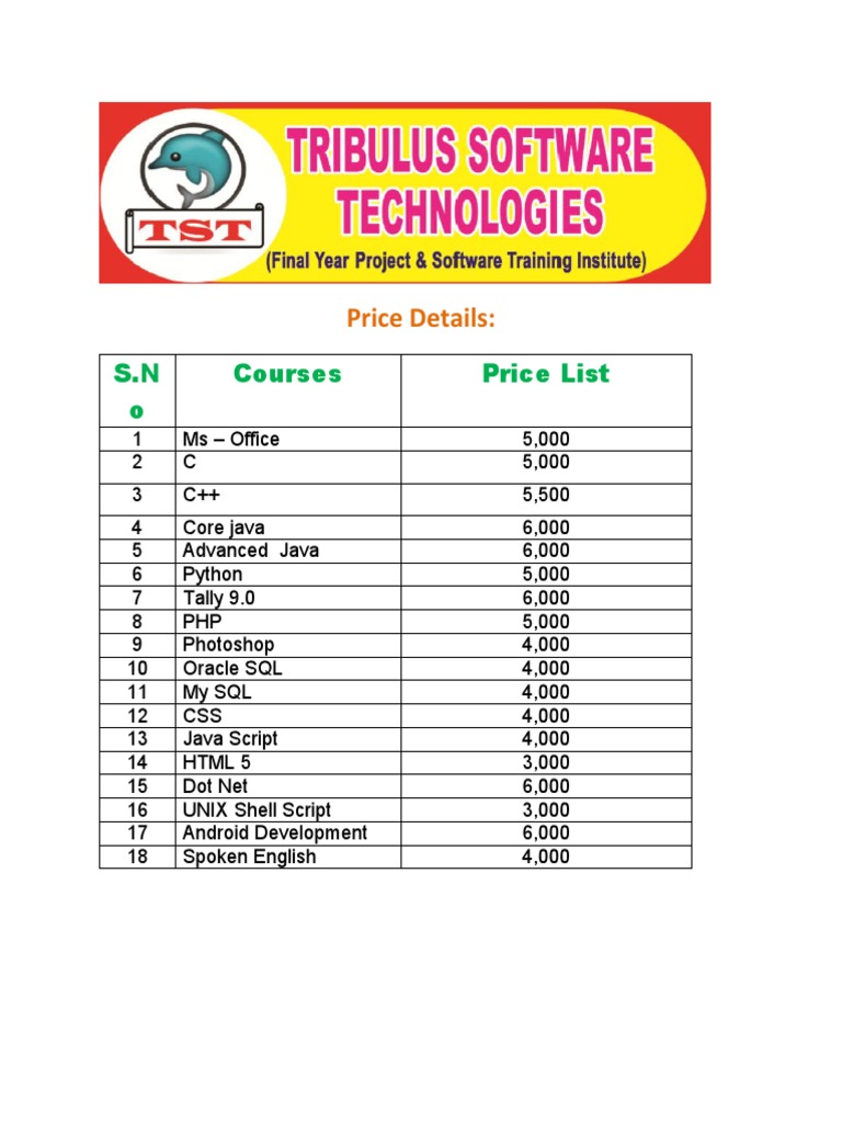 Price Details:: S.N o Courses Price List | PDF | Business | Technology ...