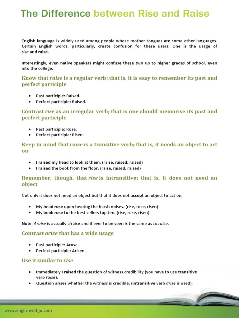 The Difference: Between Rise and Raise | PDF | Perfect (Grammar) | Verb