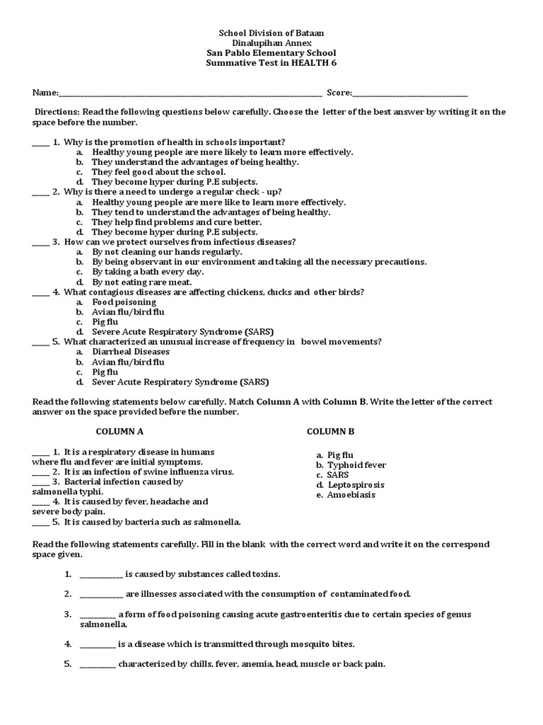Summative Test in Health 6 | PDF | Swine Influenza | Influenza