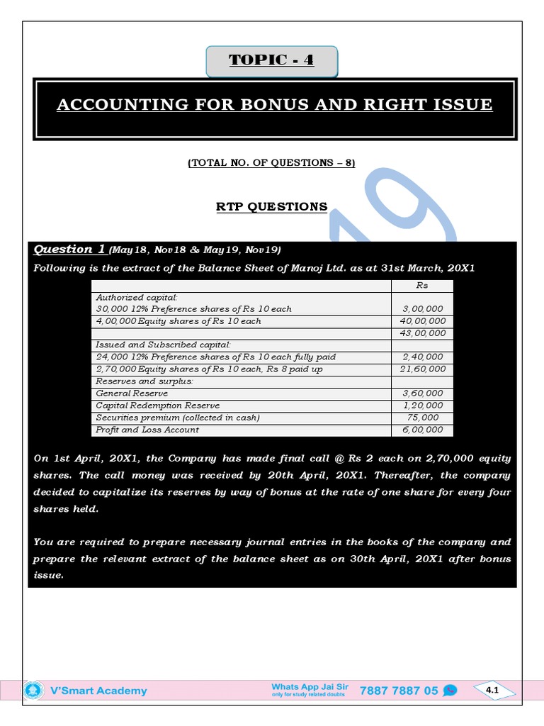 Accounting For Bonus and Right Issue: Topic - 4 | PDF | Equity (Finance ...