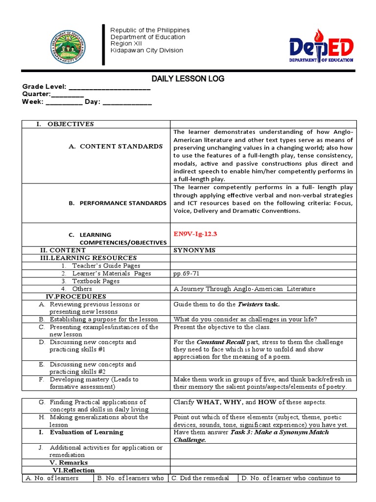 Daily Lesson Log: Republic of The Philippines Department of Education ...