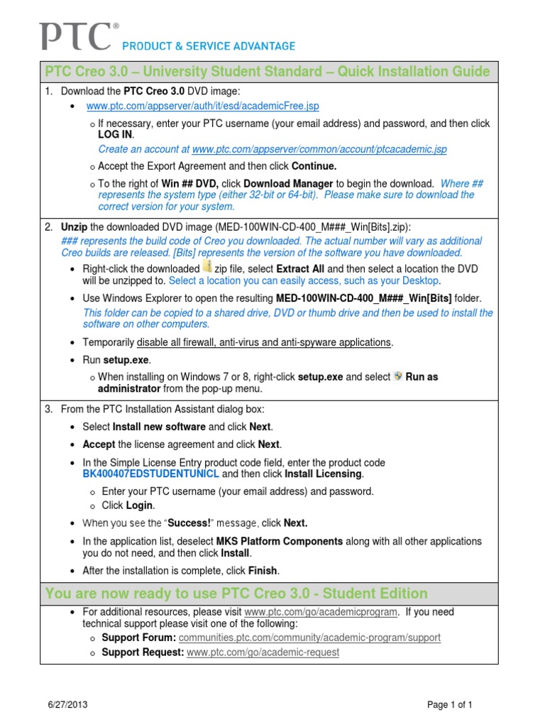 PTC Creo 3.0 Student Edition Installation Guide | PDF | Computers