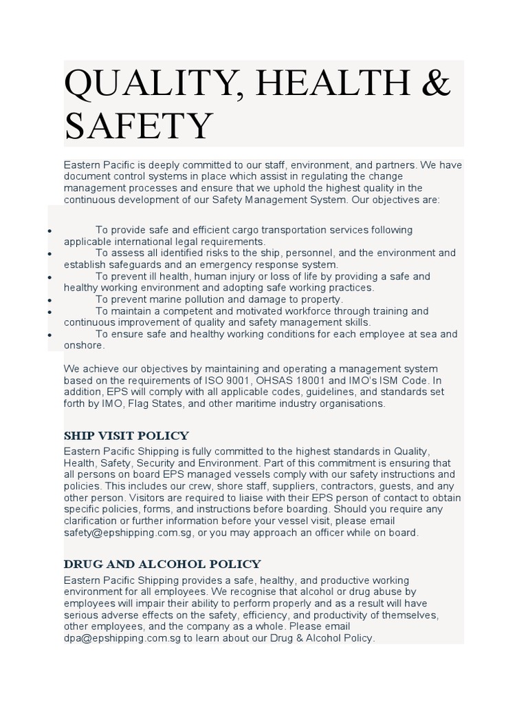 Quality Health and Safety Policy | PDF | Safety | Occupational Safety ...