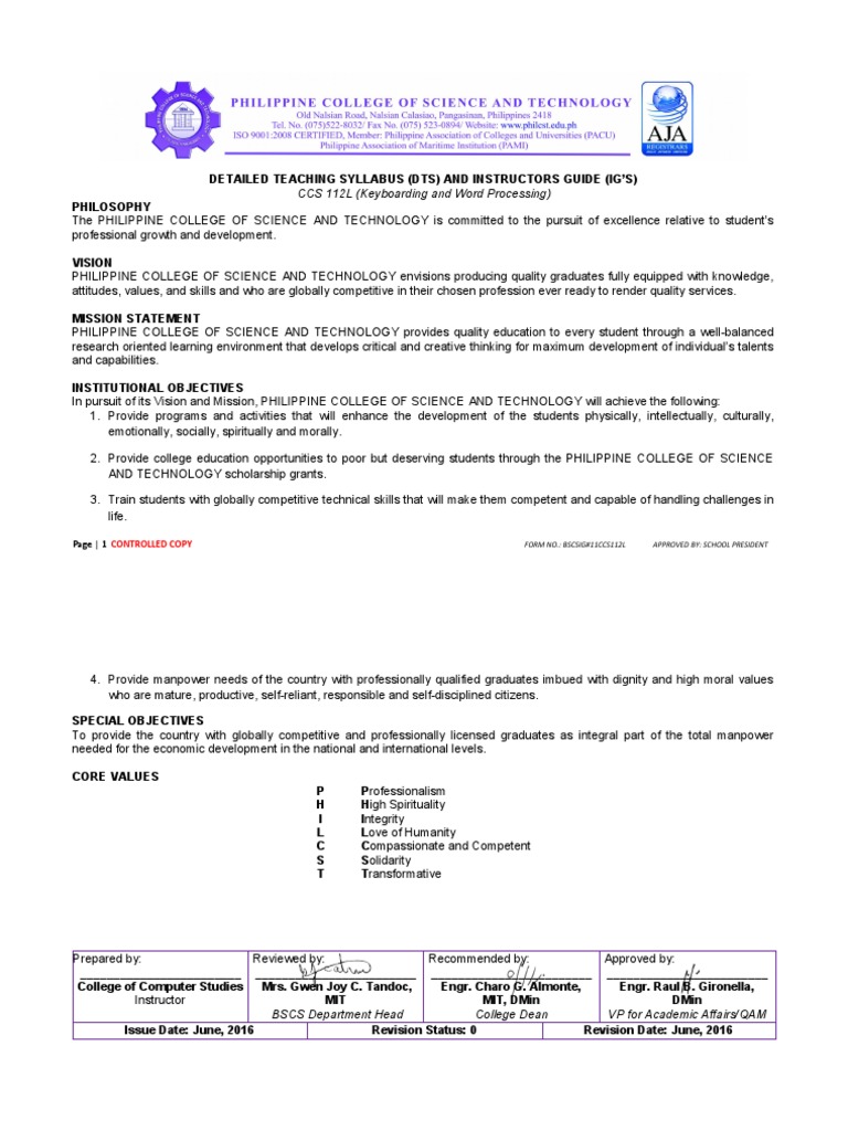 Keyboarding and Word Processing Syllabus | PDF | Test (Assessment ...