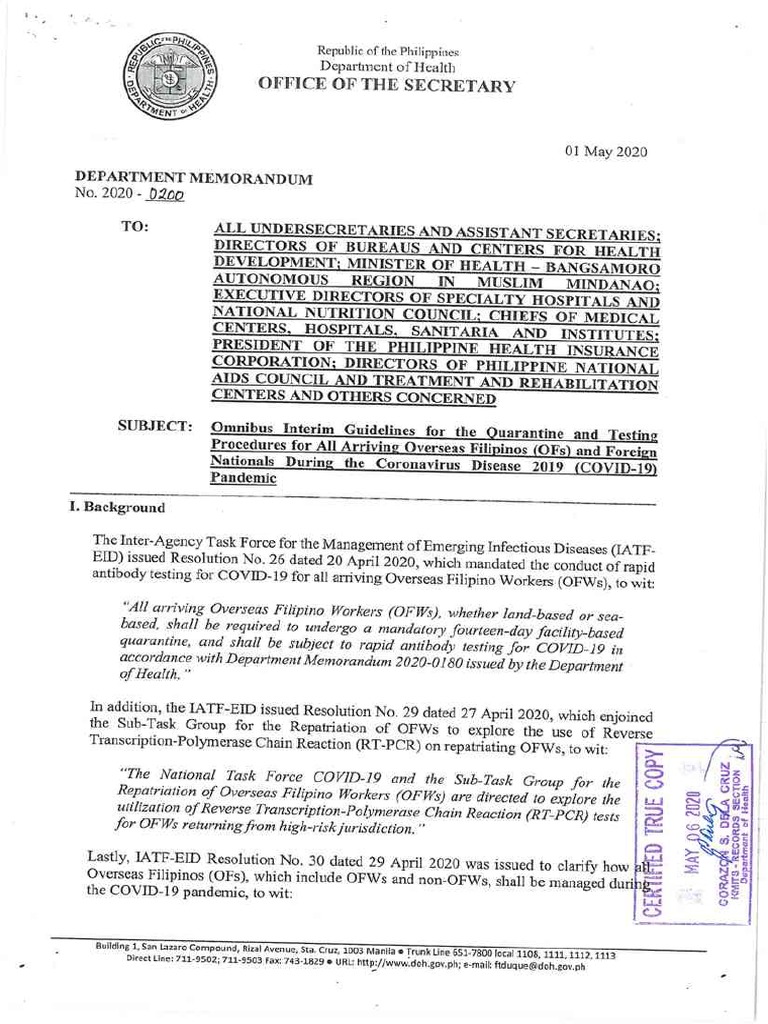 Omnibus Guidelines On Quarantine and Test Procedures of Overseas ...