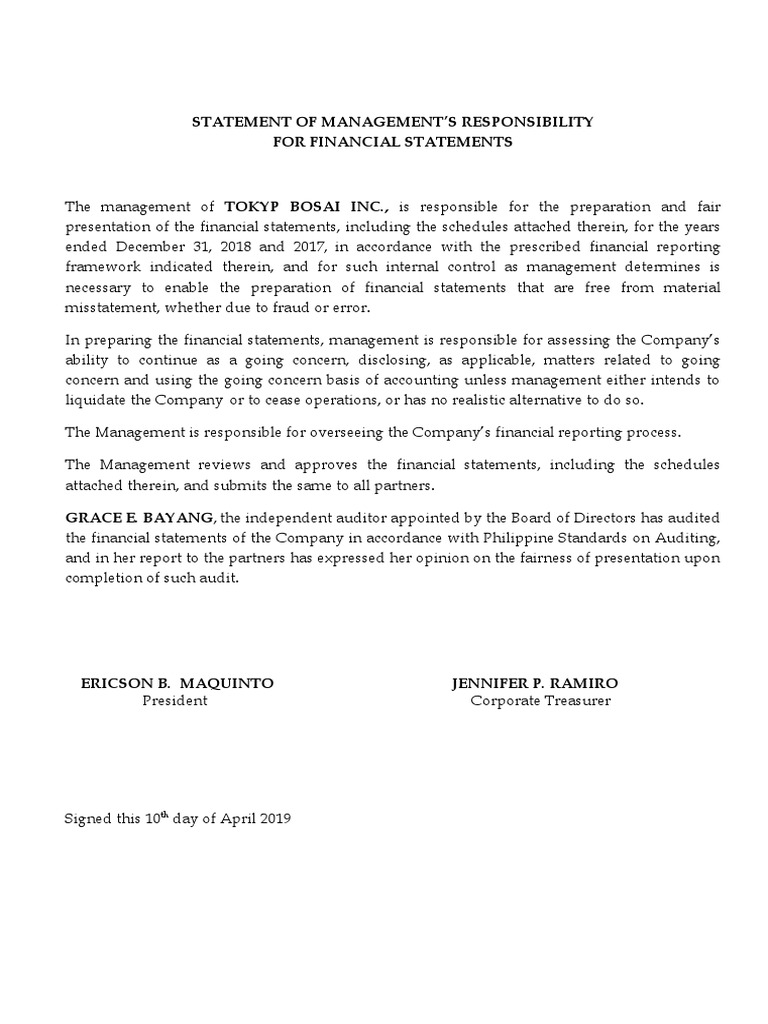 2018 - Toyok 2 Statement of Management Responsibility | PDF