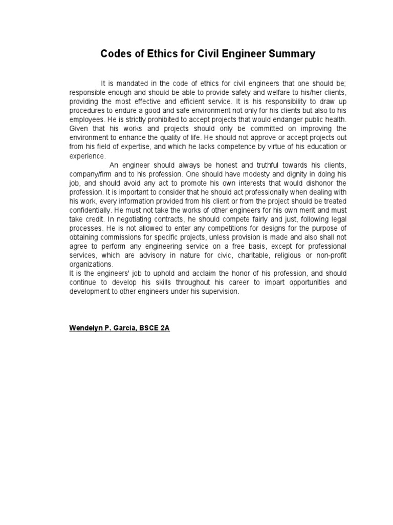 Codes of Ethics For Civil Engineer Summary: Wendelyn P. Garcia, BSCE 2A ...